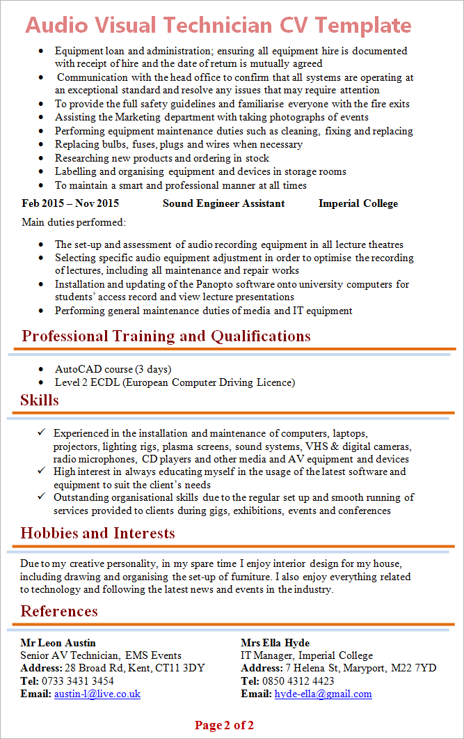 Audio Visual Technician Resume Sample