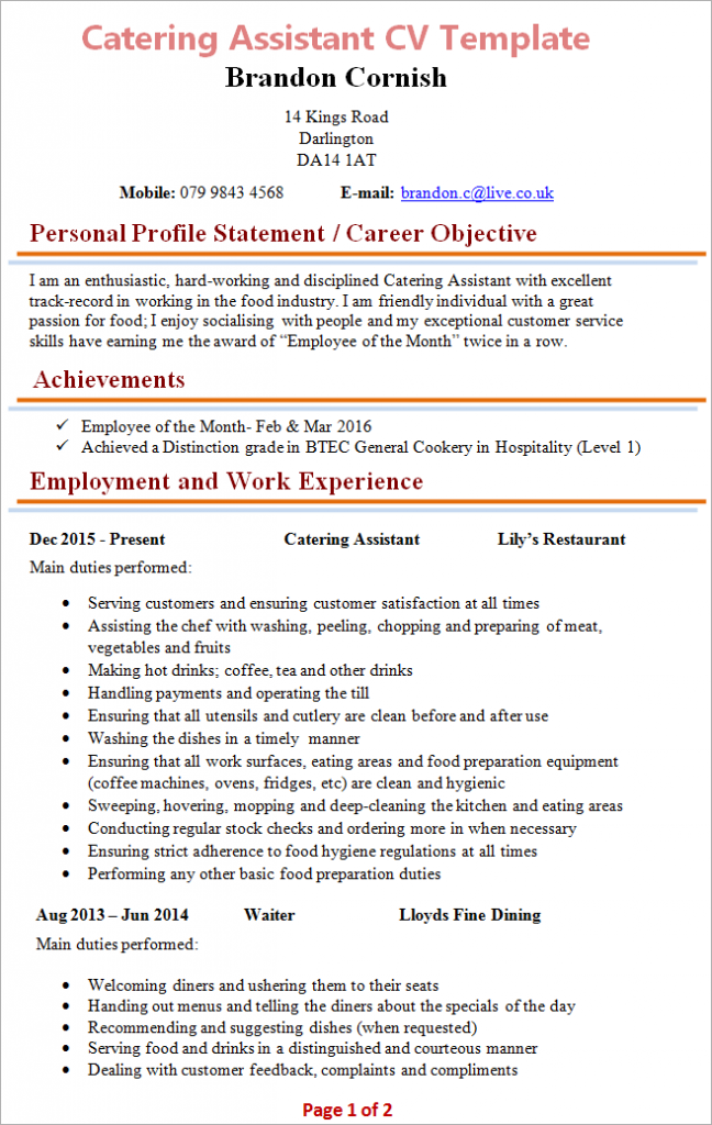 ESOL :: English for Speakers of Other Languages: Catering Assistant CV ...
