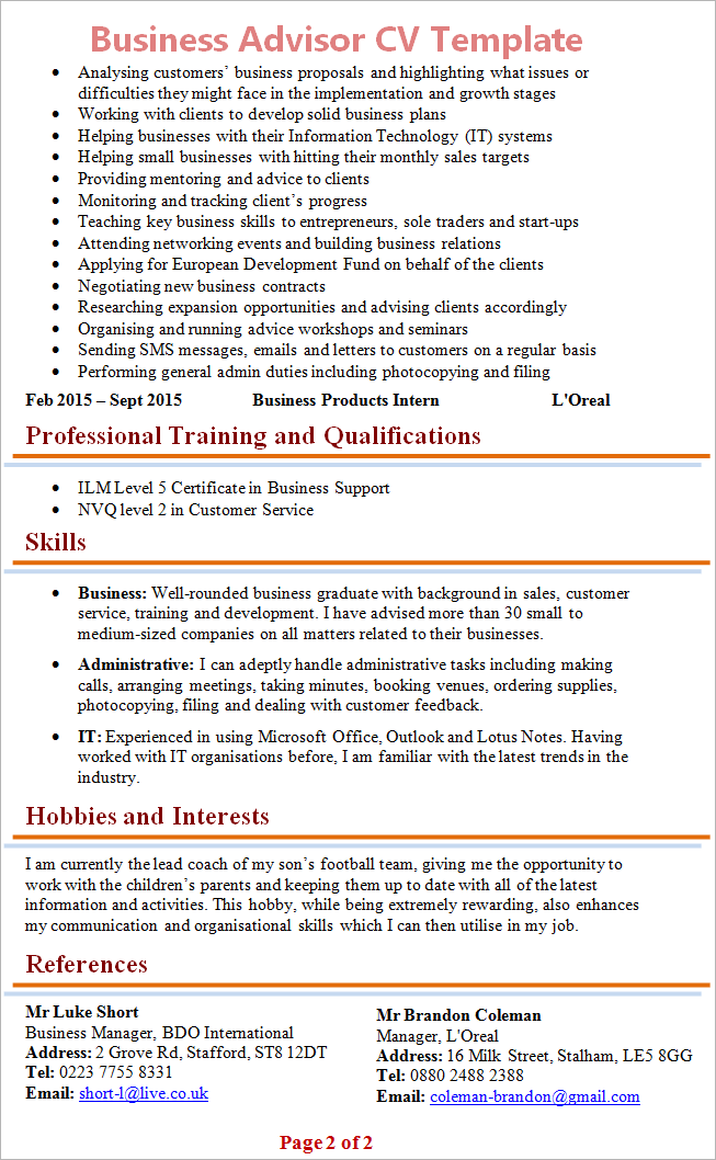 Business Advisor CV Template 2