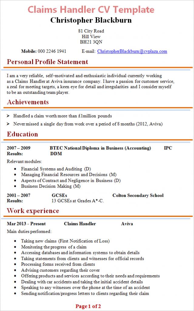 ESOL :: English for Speakers of Other Languages: Claims Handler CV Template