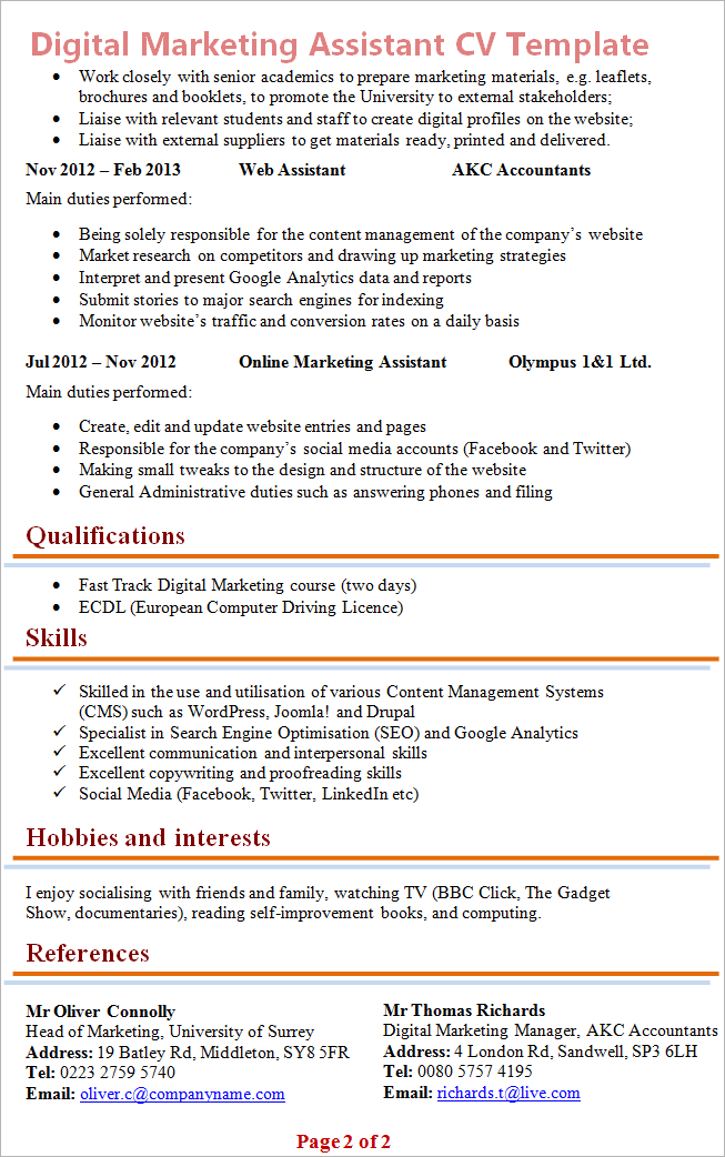 Digital marketing assistant cv template 2