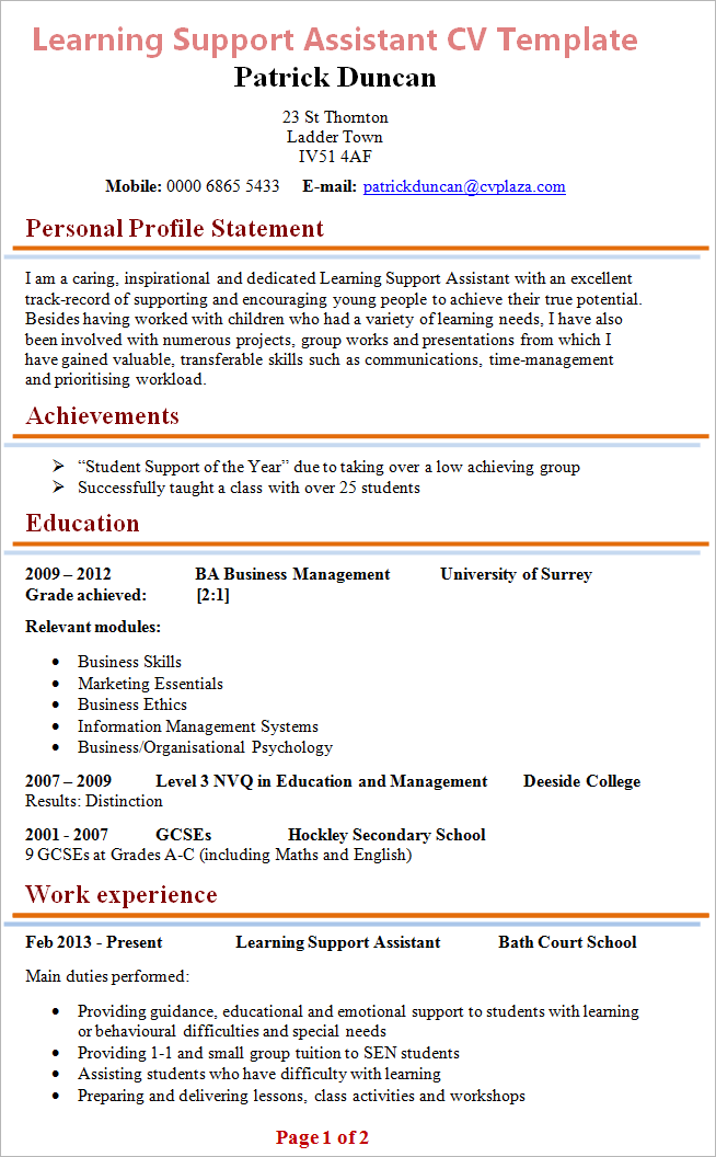 Learning support assistant cv