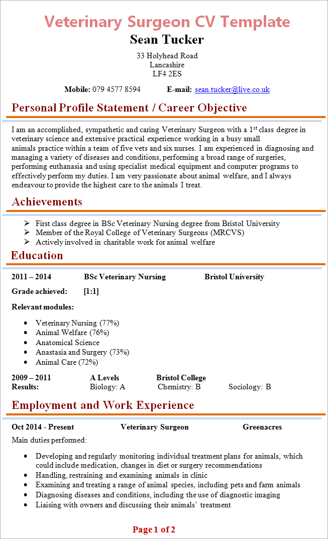 Examples Of Veterinary Cv Veterinarian CV Examples Of Veterinary Cv Veterinarian CV