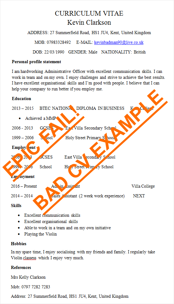 Example of a bad cv Example of a bad cv